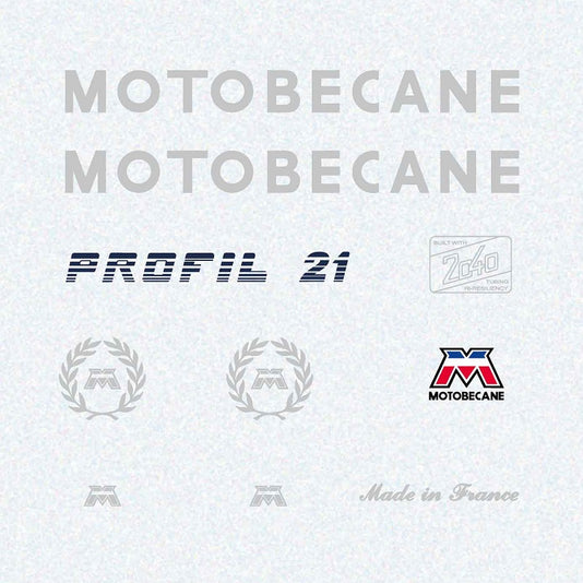 Motobecane Profil 21 Bicycle Decals / Stickers - Silver / Dark Blue